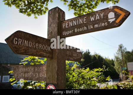 UK, Derbyshire, Edale village, wooden signpost at official starting ...