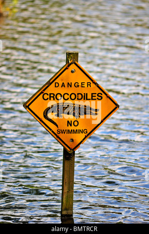 Crocodiles warning sign, no swimming, at Lake Placid, Cairns, Far Stock ...