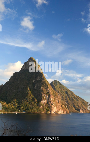 Soufriere Bay. Gros Piton and Petit Piton on St. Lucia. Shot on a drone ...