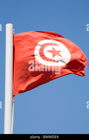 Tunisia flag, red crescent moon and red star shape in a white circle ...