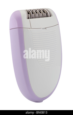 Woman epilating leg, white electric epilator. woman shaving her legs ...