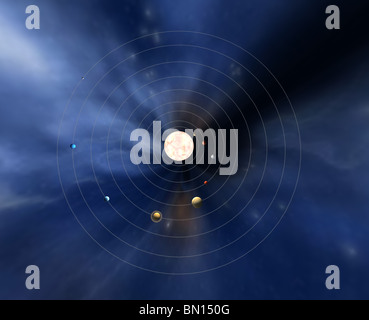 Top view of the planets in the Solar System illustration model rendered ...
