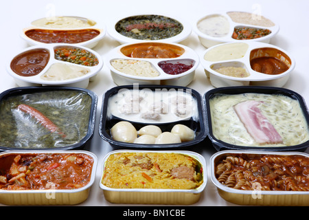 Selection of ready-to-serve meals. The costumer just have to heat the ...