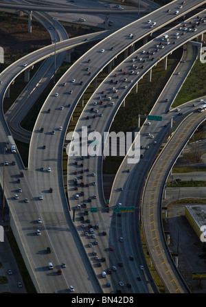 aerial view above heavy commuter automobile trafffic freeway Houston ...