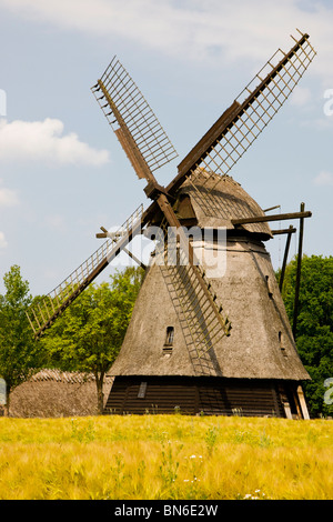 Old thatched windmill at the Funen Village open air museum, Denmark ...