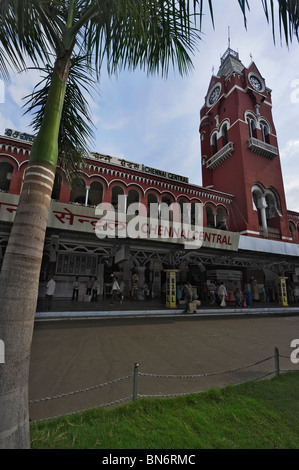 India Tamil Nadu Chennai Egmore railway station at night illuminated palm tree feature Stock ...