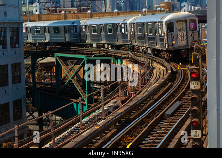 Train above ground on the 7 subway line in Queens, New York Stock Photo ...