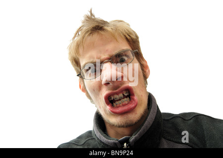 Mean man with braces isolated on white Stock Photo - Alamy