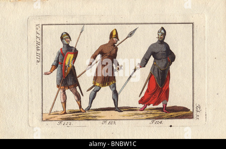 Three Norman cavalry in chainmail suits of armor and helmets, carrying lances and swords ...
