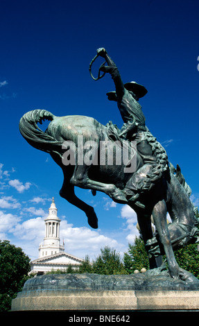 Bronze Statue of Cowboy riding a bucking bronco, Denver, Colorado Stock ...