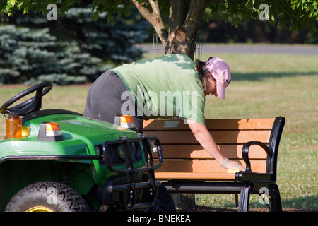 Park worker gardener cleaning a bench Stock Photo - Alamy