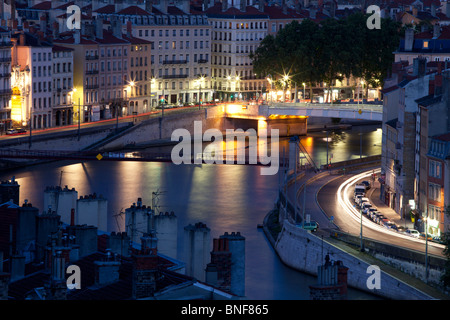 View of the Saone river at dusk, Downtown Lyon, France Stock Photo - Alamy