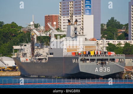 Royal Netherlands Navy replenishment vessel HNLMS AMSTERDAM sits at ...