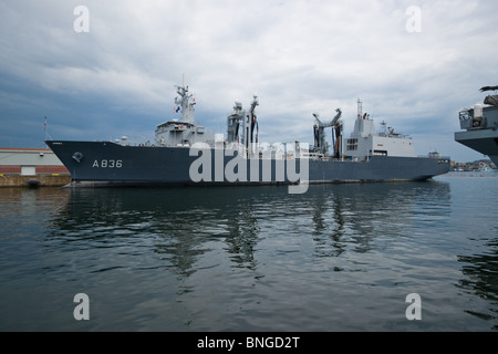 Royal Netherlands Navy replenishment vessel HNLMS AMSTERDAM sits at ...