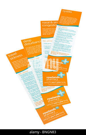 Rowlands Pharmacy ailment advisory leaflets. EDITORIAL ONLY Stock Photo ...