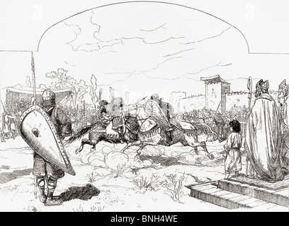 middle ages, knights, tournament, Jousting, Welsh fight, woodcut by ...