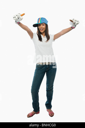 Portrait of a female cricket fan cheering Stock Photo - Alamy