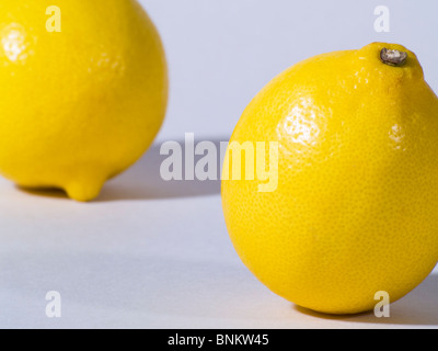 Fresh bright fruits, two yellow lemons, three small orange mandarins ...