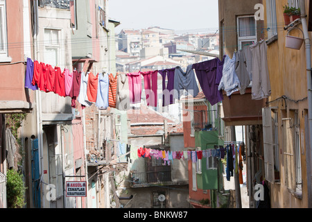 Clotheslines hanging from roofs, slums,Tarlabasi,Beyoglu, Istanbul ...