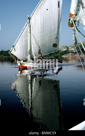 Felucca gliding across the river Nile at dusk between Aswan and Kom ...