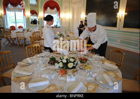 Table set for a gala dinner at the Peterhof Palace, Saint Petersburg ...