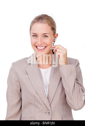 Assertive customer service representative using headset against a white ...