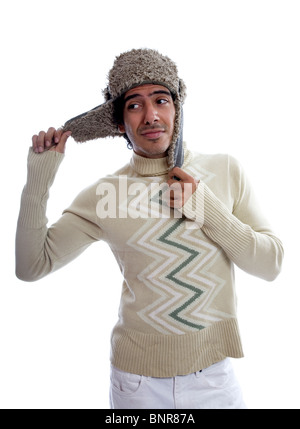 positive man in sweater and earflap on red background, fashion. Man ...