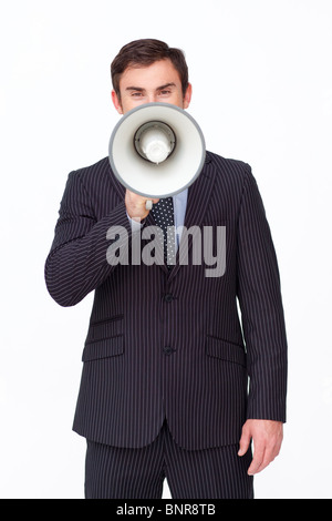 Young businessman employee holding megaphone at workplace Stock Photo ...