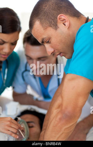 Surgeon doctor and nurse do CPR to patient while patient have problem ...