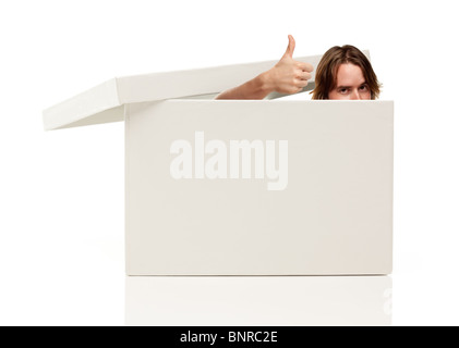A young man popping his head out of a computer monitor with nerd ...