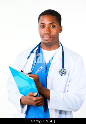 Male Doctor holding clipboard isolated on white Stock Photo - Alamy