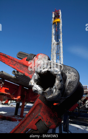 Drill pipe of oil drilling platforms. Stack of oil well casing bundles ...