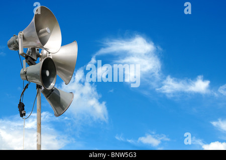 Public Address System, PA Speakers mounted on a pole outside at a ...