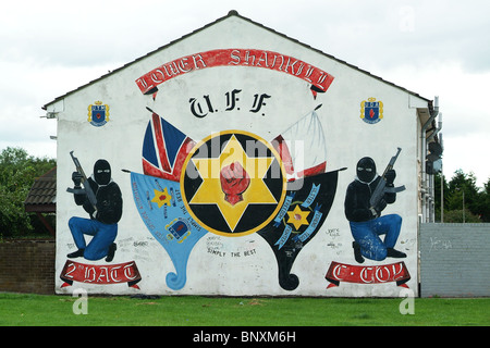 Mural with UDA emblem and UDA and UFF flags Shankill Road Belfast Stock ...