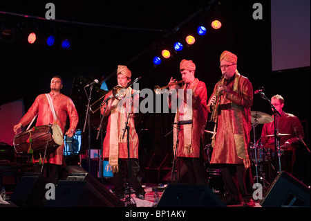 Bombay Baja Indian brass band playing on stage at Brecon Jazz Festival ...