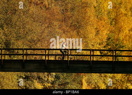 Autumnal colors surround a cyclist as he crosses a footbridge over ...