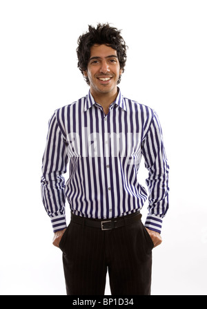 Positive man in striped t-shirt smiling and taking selfie photo ...