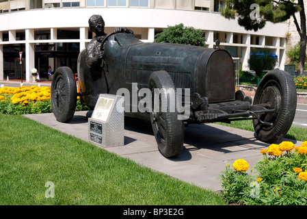 The bronze statue of William Grover in his 1929 Bugatti, the first ...