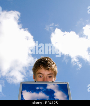 Laptop with cloud computing on screen isolated in white Stock Photo - Alamy
