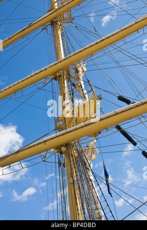 Mast with spars and rigging on sailing ship in Bristol Harbour, Avon ...