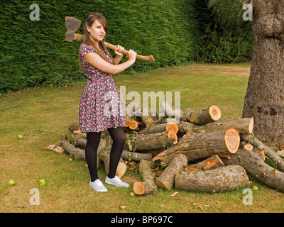 girl with axe logs Stock Photo - Alamy