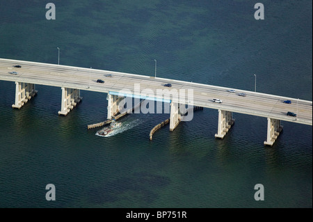aerial view above Rickenbacker Causeway bridge Biscayne Bay Miami ...