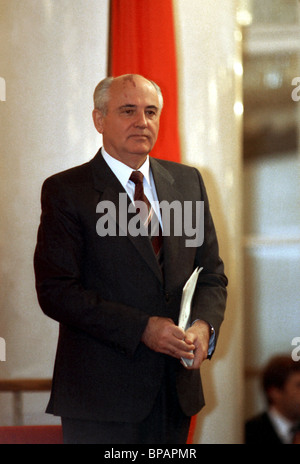 President Mikhail Gorbachev of the Soviet Union makes a statement as ...
