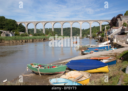 A view of the River Tamar at Calstock, with a railway viaduct crossing ...