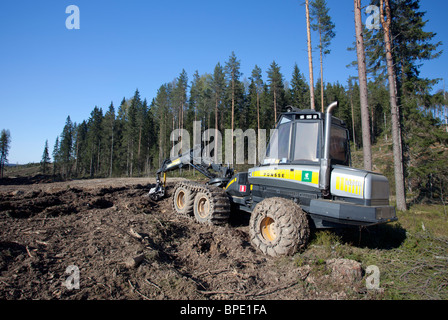 Ponsse Beaver forest harvester forestry vehicle at clear-cutting area ...