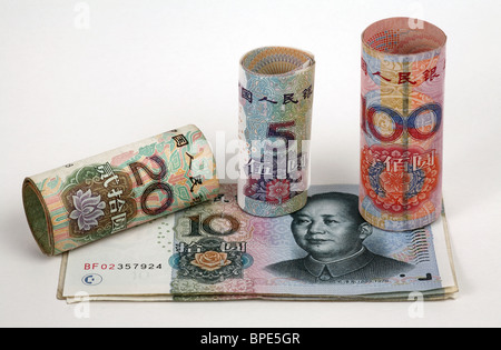 Yuan renminbi bill banknotes background. Chinese 100, 50, 20, 10 and 5 ...