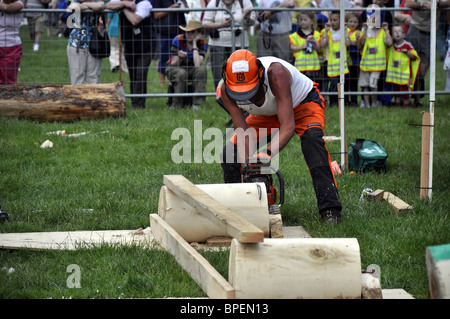 Competitor using a chainsaw in the Woodfest Wood Carving competition St ...