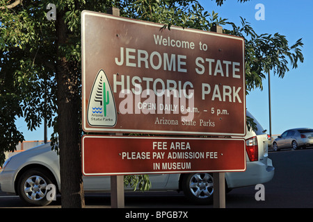 Sign for Jerome State Historic Park, an Arizona State Park, information ...