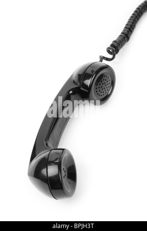 Black telephone receiver with cable isolated on white background Stock ...