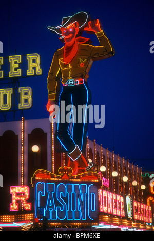 Pioneer club neon cowboy sign at Glitter Gulch, Las Vegas, Nevada. USA ...